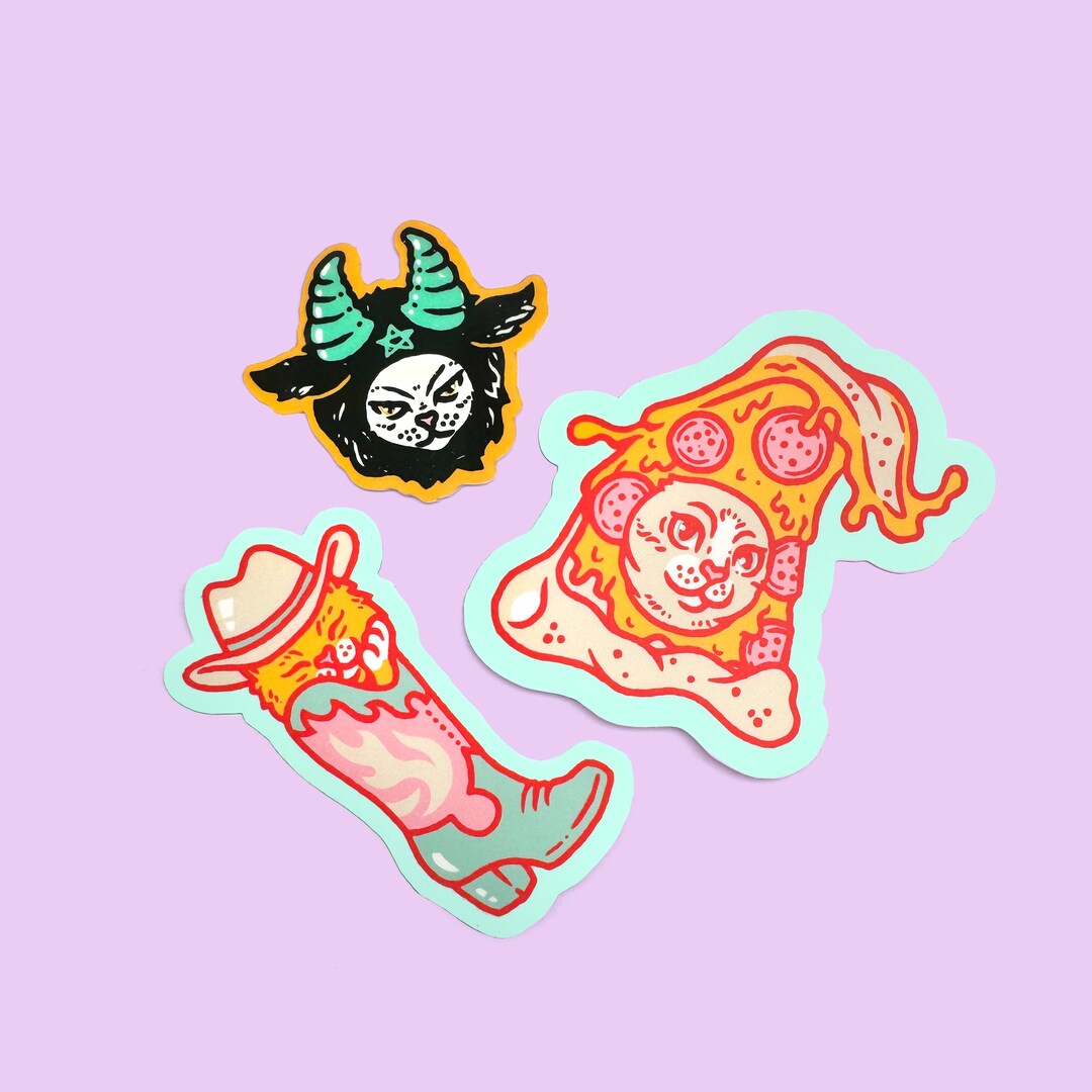 Funny Cat Sticker Set - Aqua Matte Vinyl - Includes 1 Glow in the Dark ...
