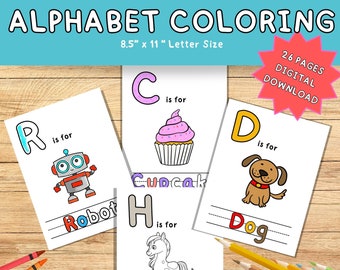 26 Pages Alphabet Coloring Book Printable for Kids, Alphabet Coloring ...