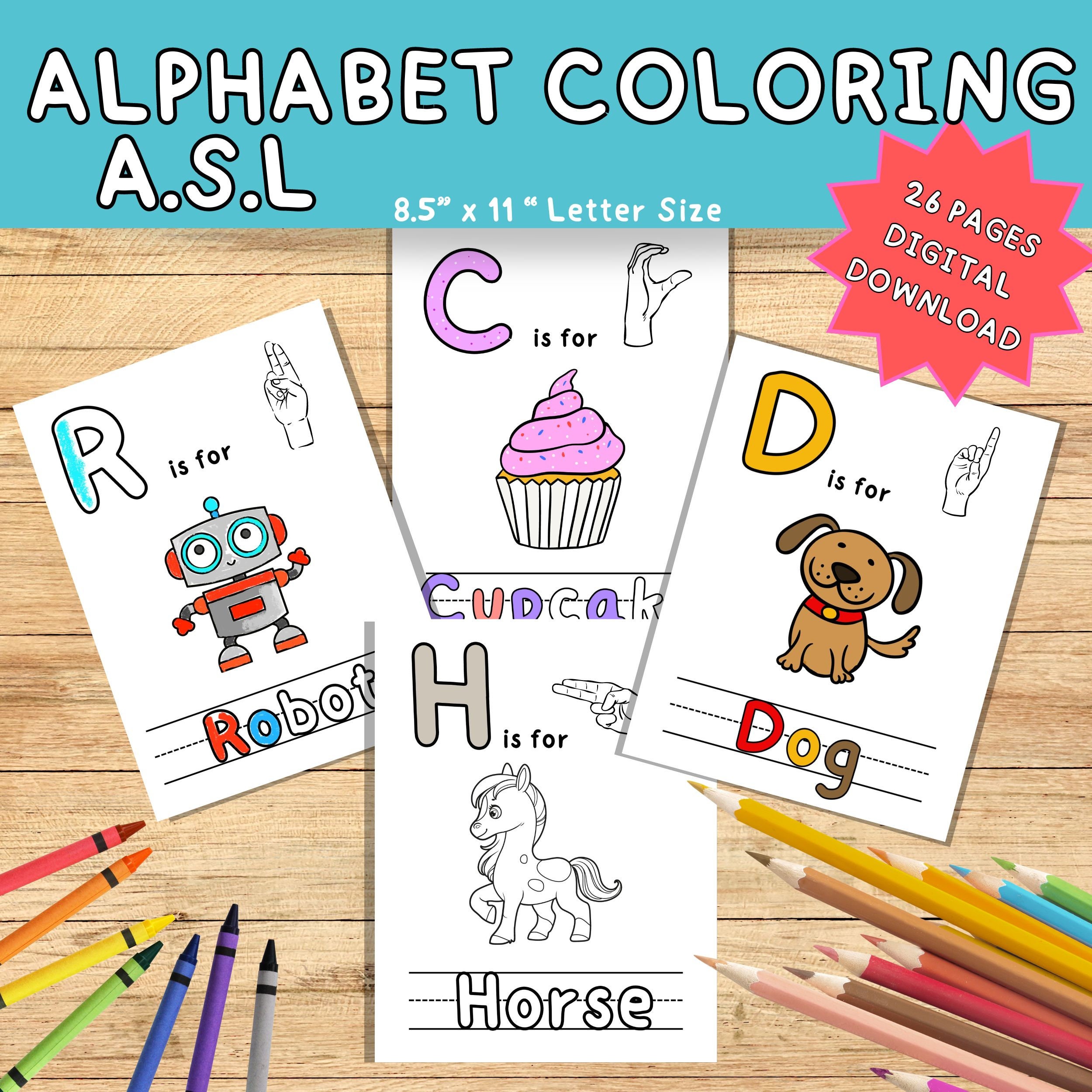 26 Pages Alphabet Coloring Printable for Kids, ASL, American Sign ...