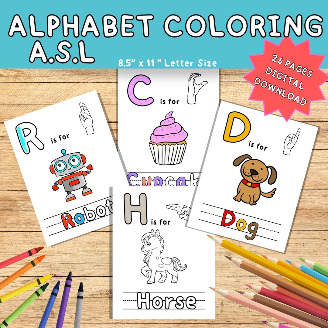 26 Pages Alphabet Coloring Printable for Kids, ASL, American Sign ...