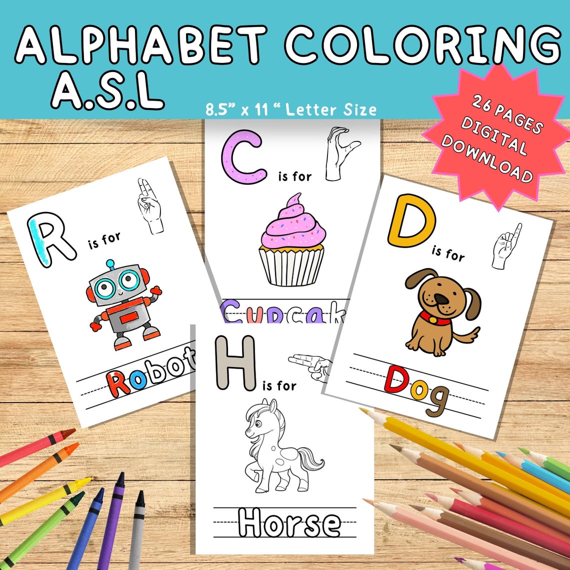 26 Pages Alphabet Coloring Printable for Kids, ASL, American Sign ...