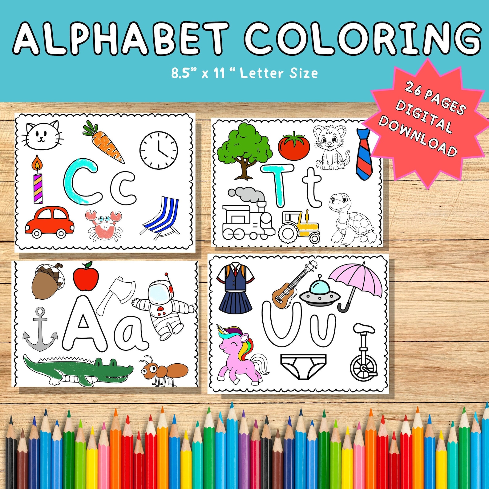 26 Pages Alphabet Coloring Printable for Kids, Elementary Preschool ...