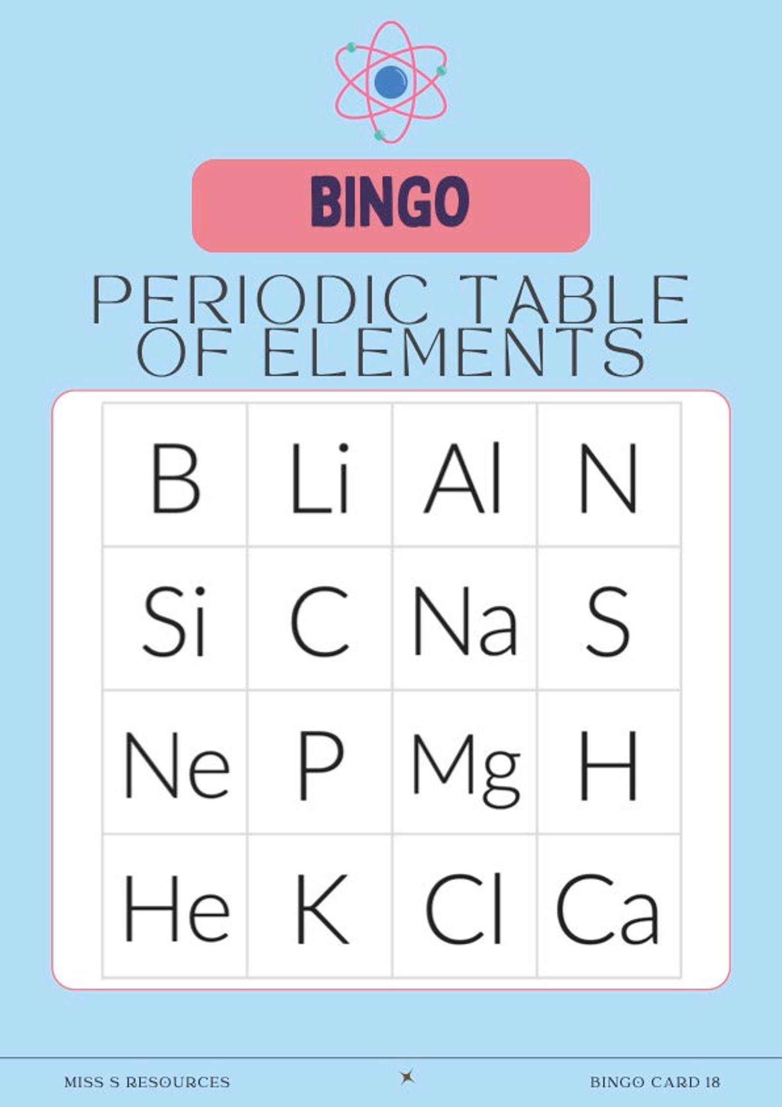 Science: Periodic Table of Elements BINGO Cards - First 20 Symbols - Etsy