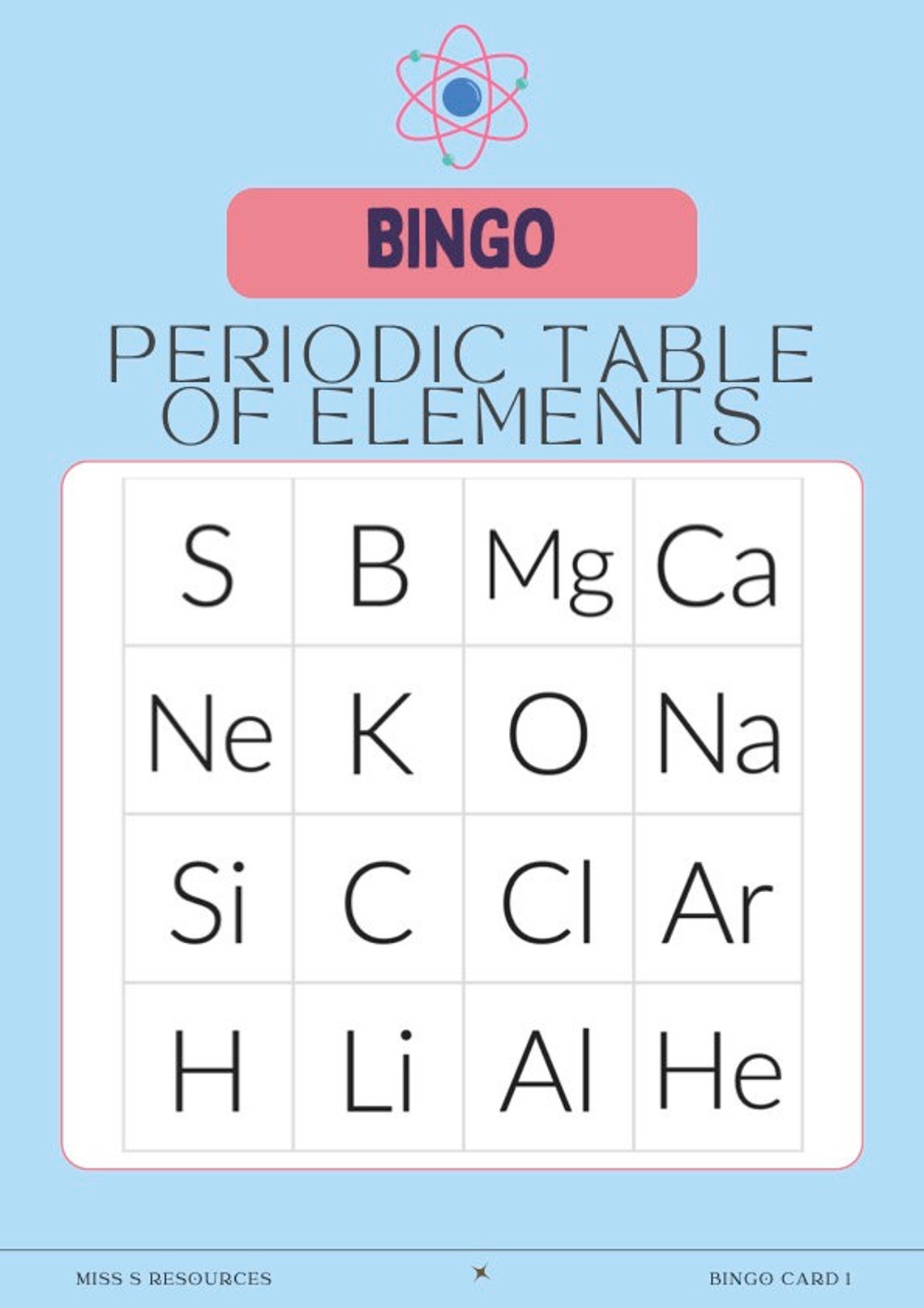 Science: Periodic Table of Elements BINGO Cards - First 20 Symbols - Etsy