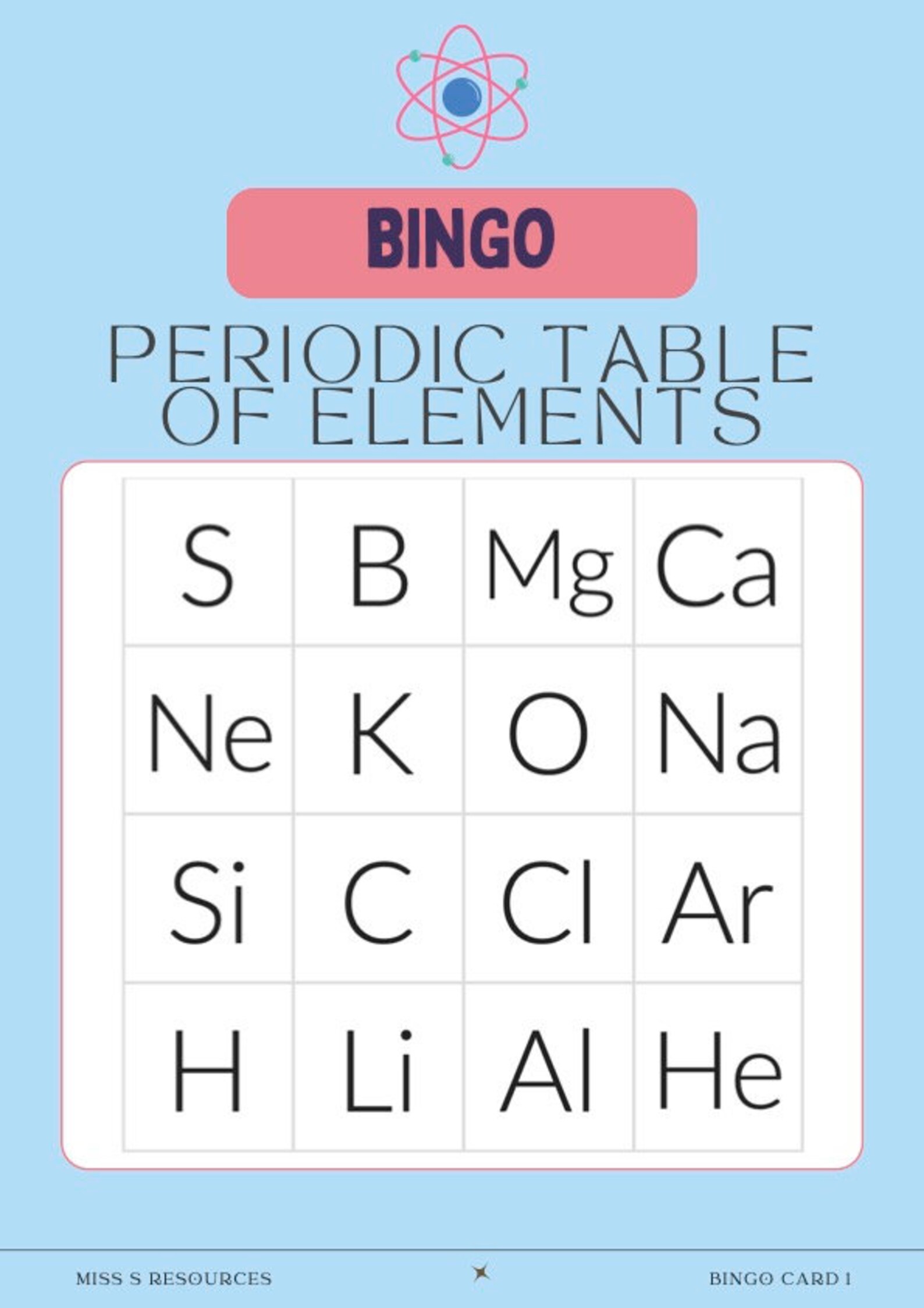 Science: Periodic Table of Elements BINGO Cards First 20 Symbols - Etsy