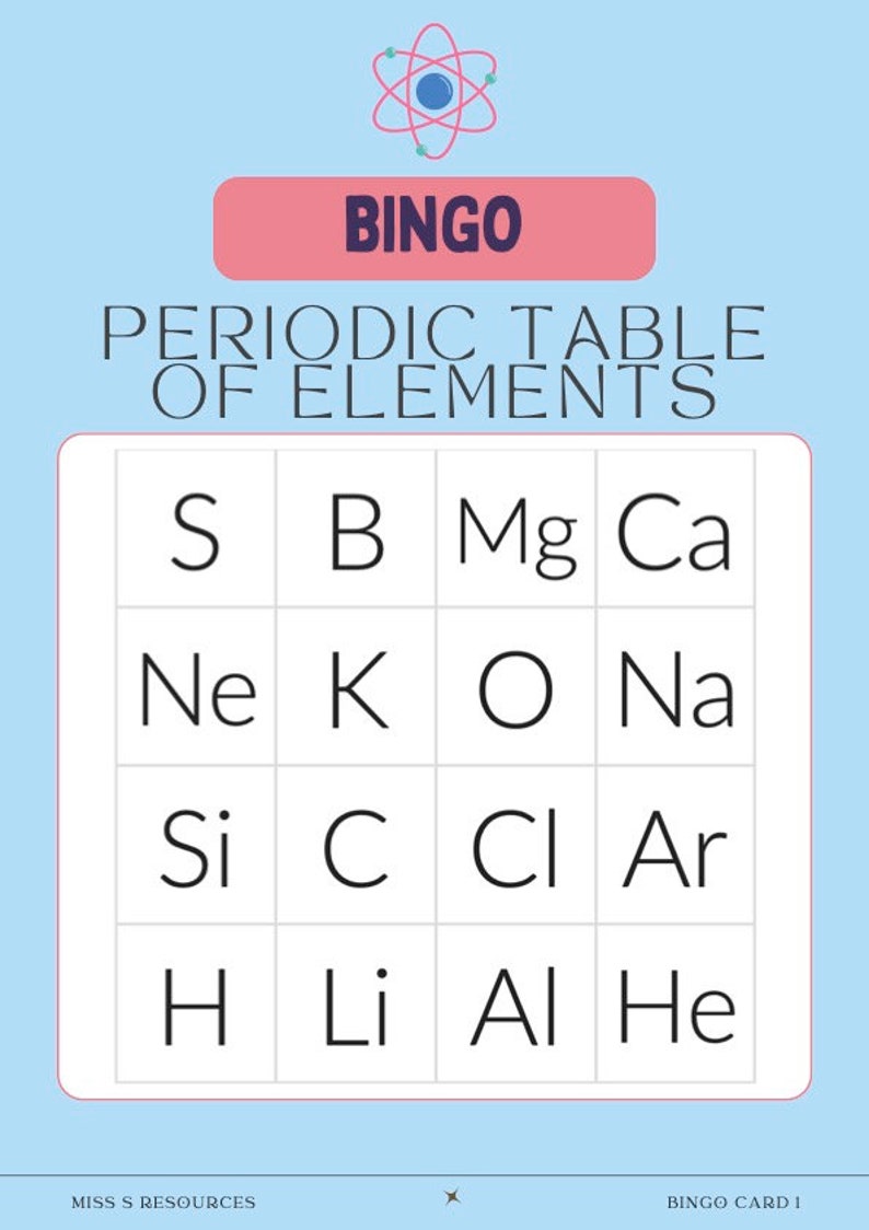 Science: Periodic Table of Elements BINGO Cards - First 20 Symbols - Etsy