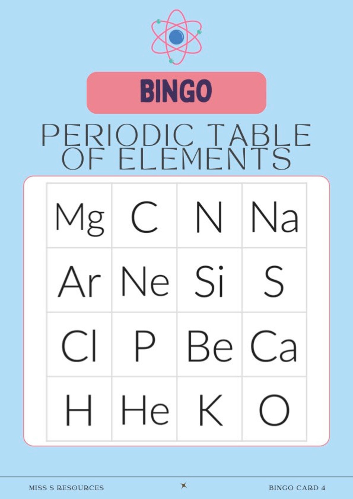 Science: Periodic Table of Elements BINGO Cards - First 20 Symbols - Etsy