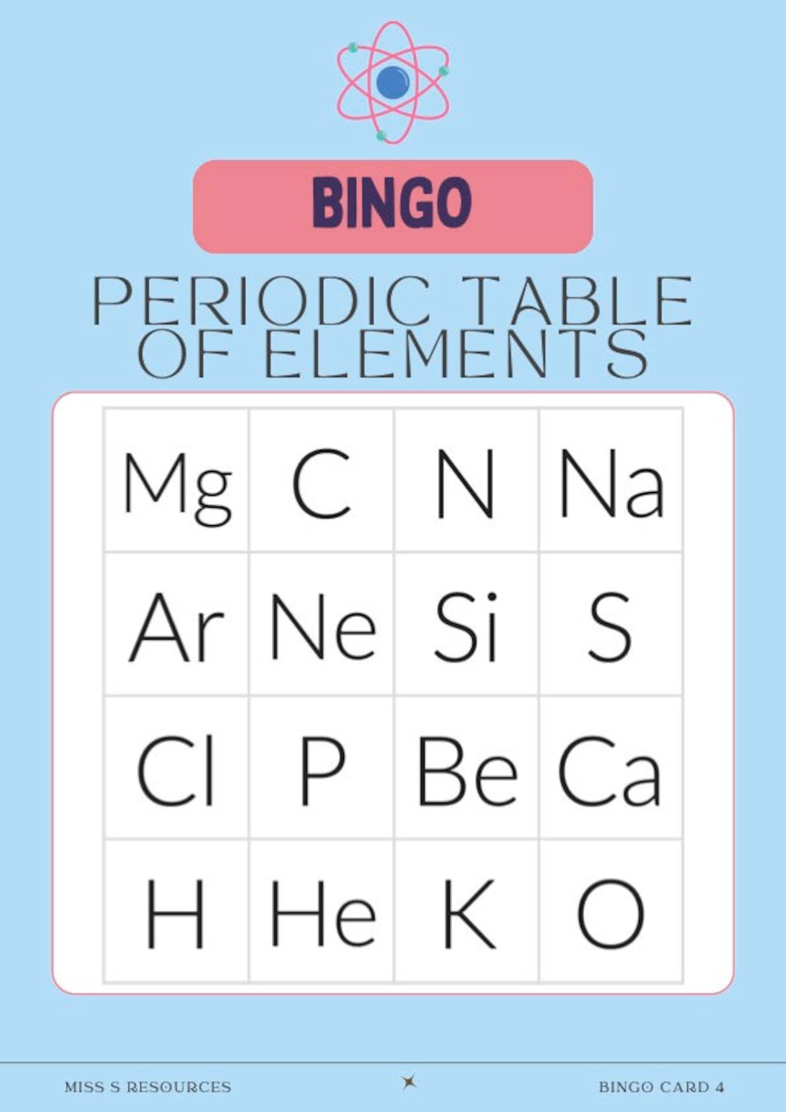 Science: Periodic Table of Elements BINGO Cards - First 20 Symbols - Etsy