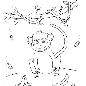 Cute Monkey in the Jungle Coloring Page/image. PNG File in Black and ...
