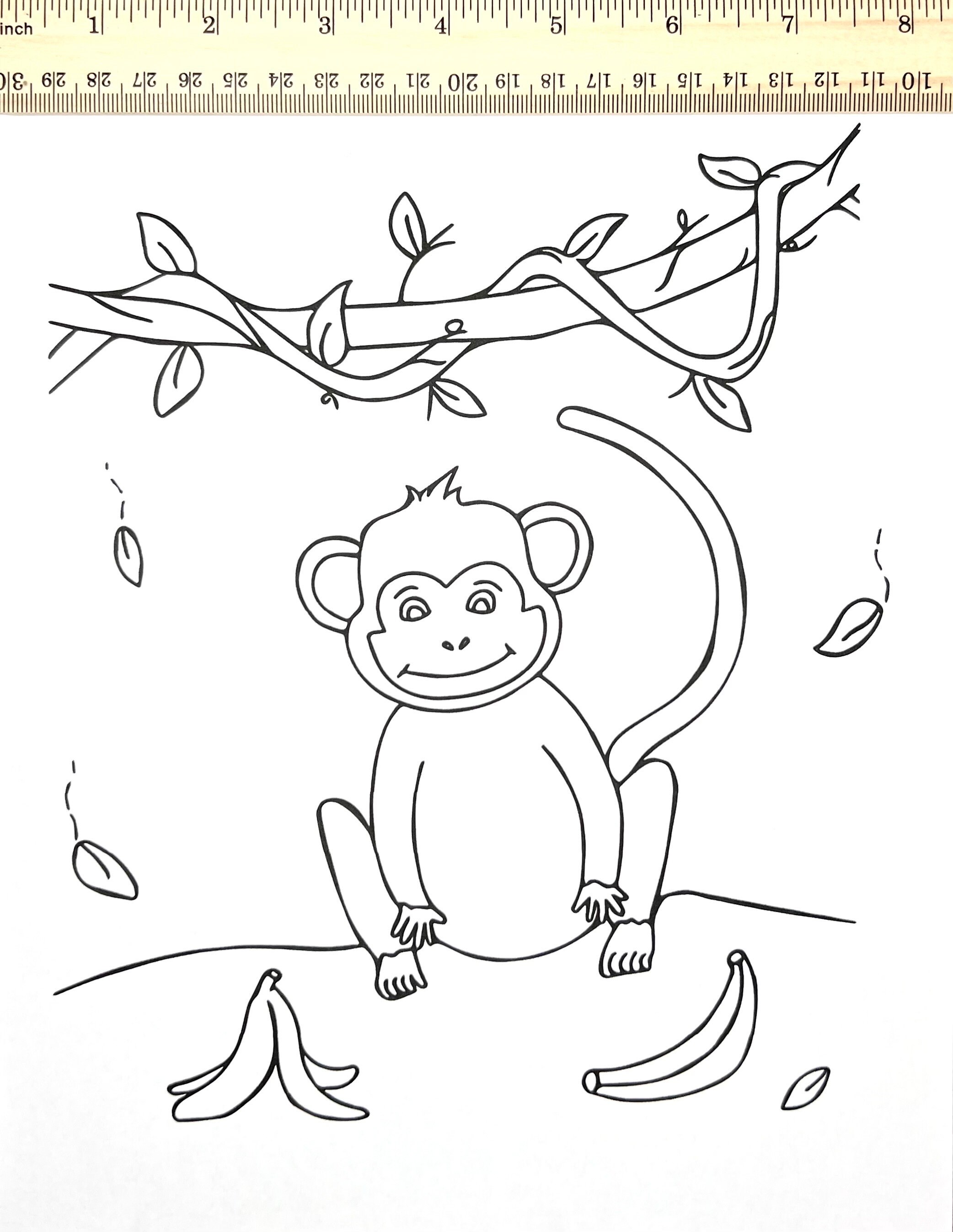 Cute Monkey in the Jungle Coloring Page/image. PNG File in Black and ...