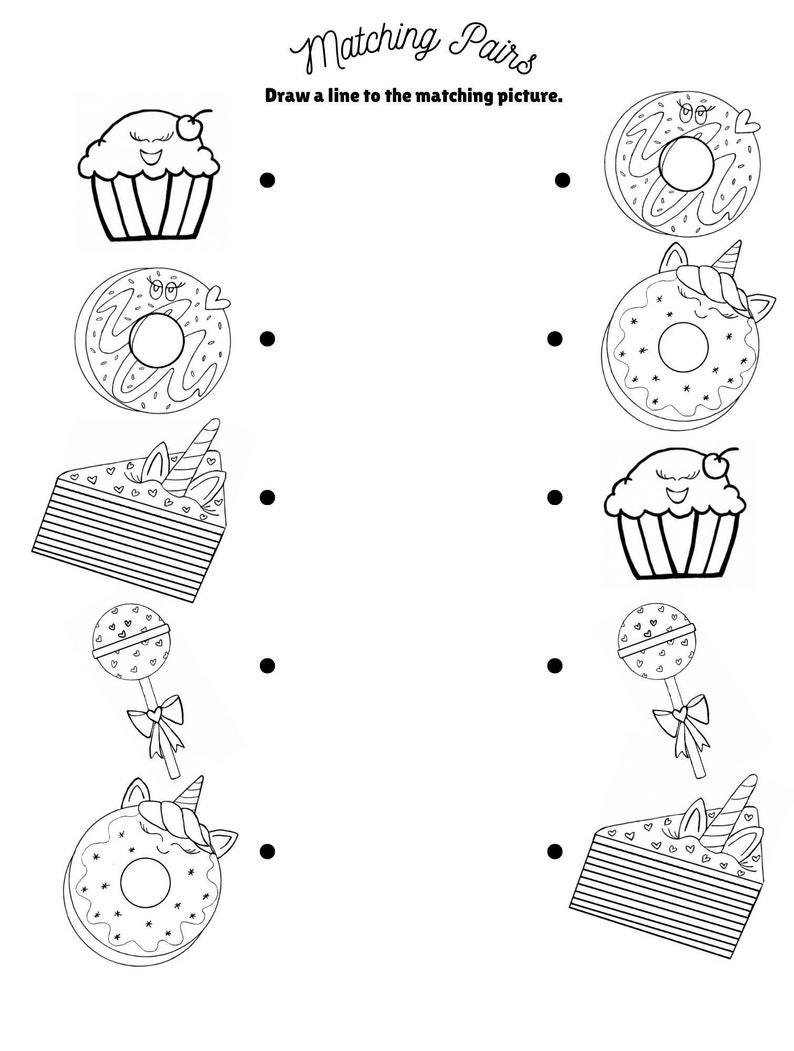 Printable Matching Worksheet Dessert Themed PNG File in Black and White ...