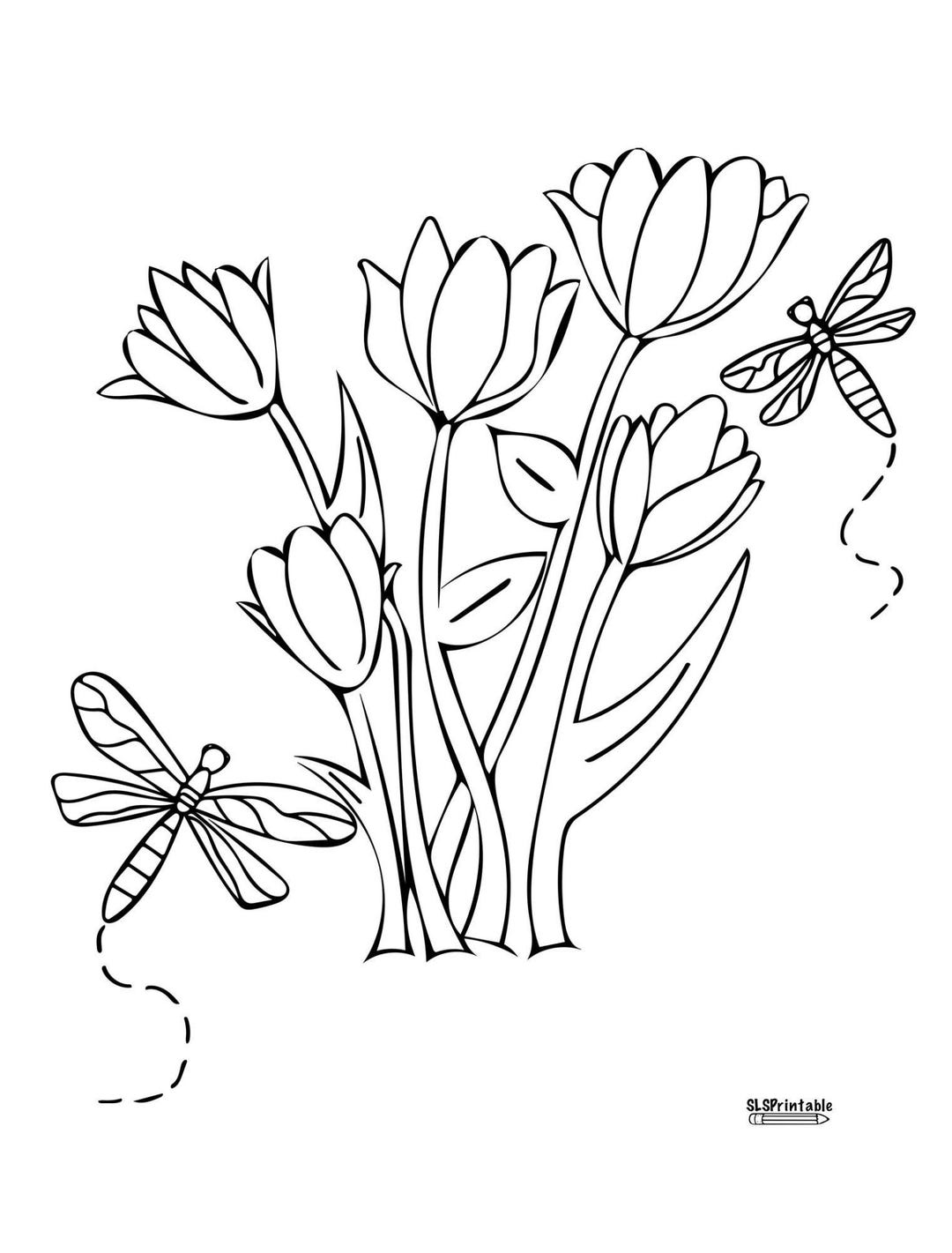 Dragonflies and Flowers Coloring Page Instant Digital Download. PNG ...