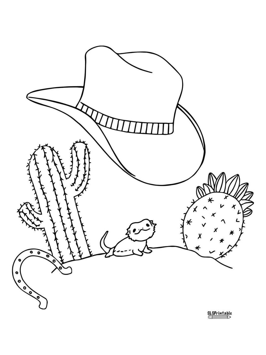Cowboy Hat Lizard Coloring Page: Western Cactus Scene (PNG Digital ...