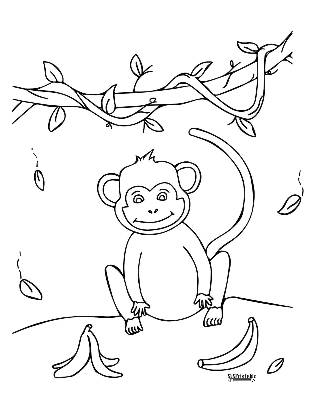 Cute Monkey in the Jungle Coloring Page/image. PNG File in Black and ...