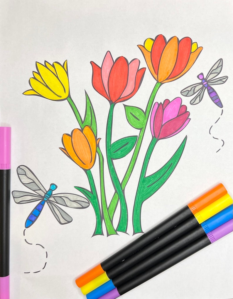 Dragonflies and Flowers Coloring Page Instant Digital Download. PNG ...