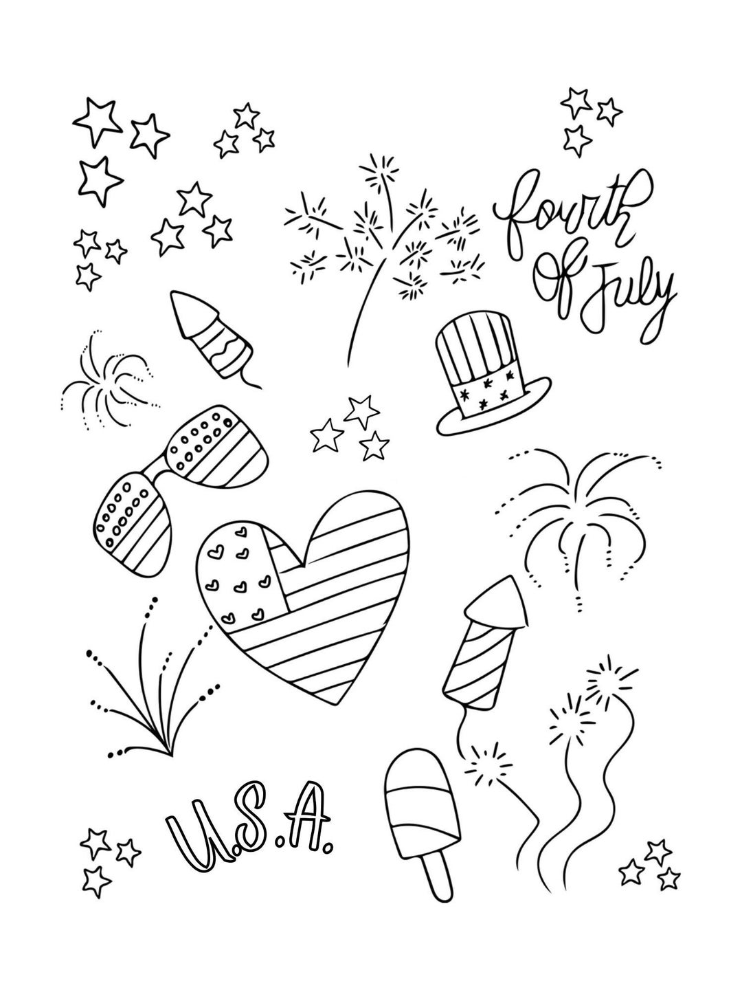 Fourth of July Doodles Coloring Page/image. PNG File in Black and White ...