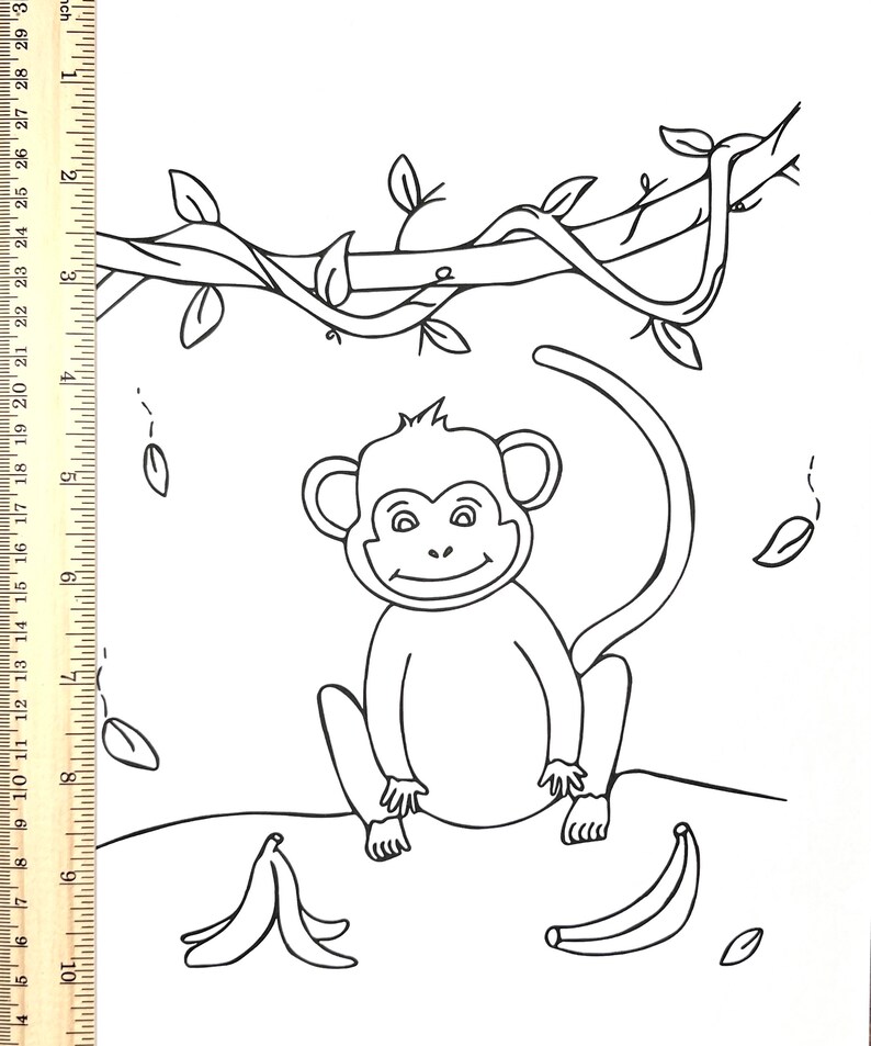 Cute Monkey in the Jungle Coloring Page/image. PNG File in Black and ...
