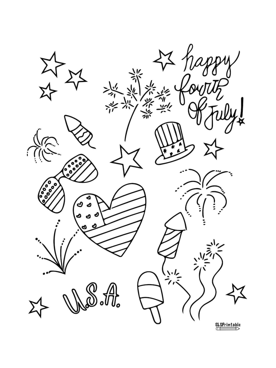 Fourth of July Doodles Coloring Page! PNG File in Black and White ...
