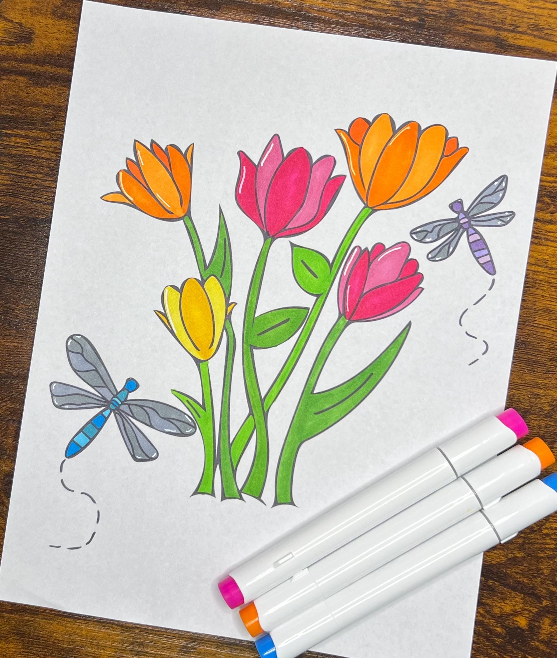 Dragonflies and Flowers Coloring Page! Instant Digital Download. PNG ...