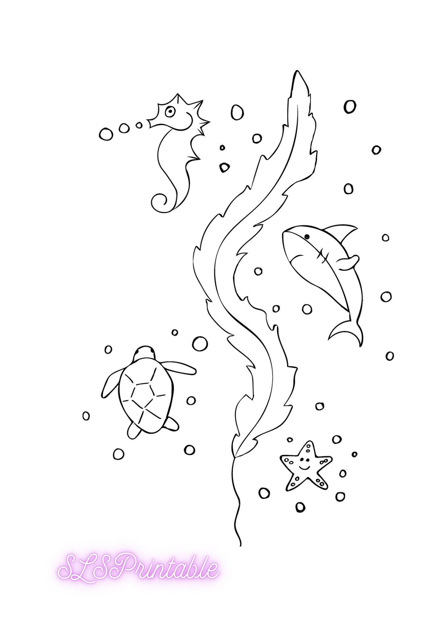 Cute Ocean Scene Coloring Page PNG File in Black and White. - Etsy