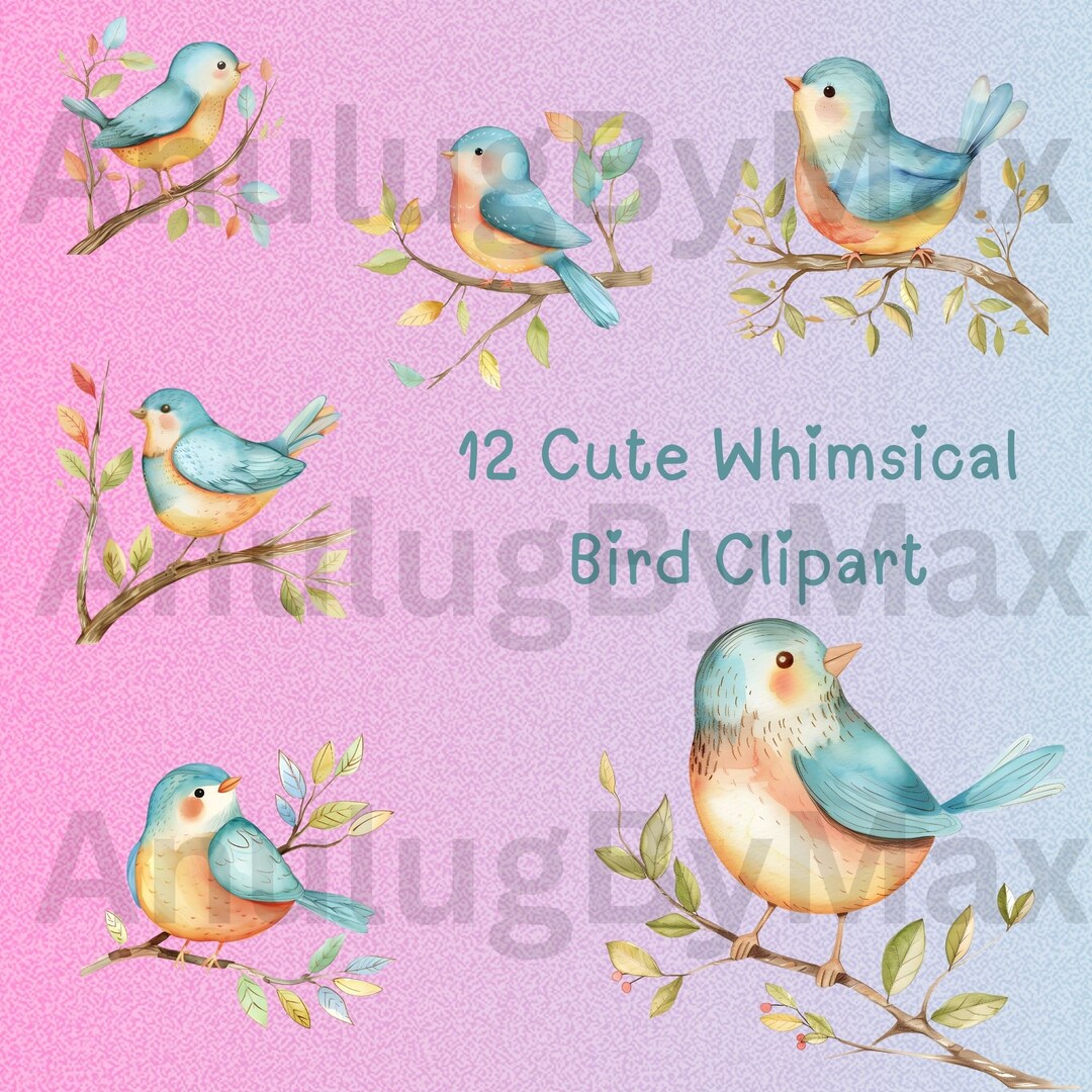 12 Cute Whimsical Bird Clipart High-quality Watercolor Jpgs Digital ...