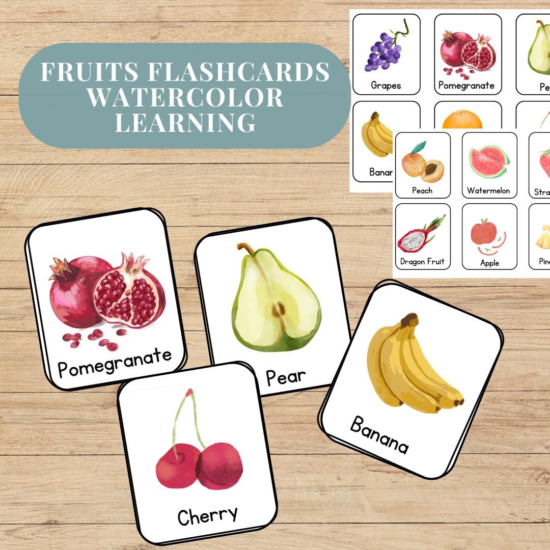 18 Watercolor Fruits Flashcards for Kids Printable, Flash Cards for ...