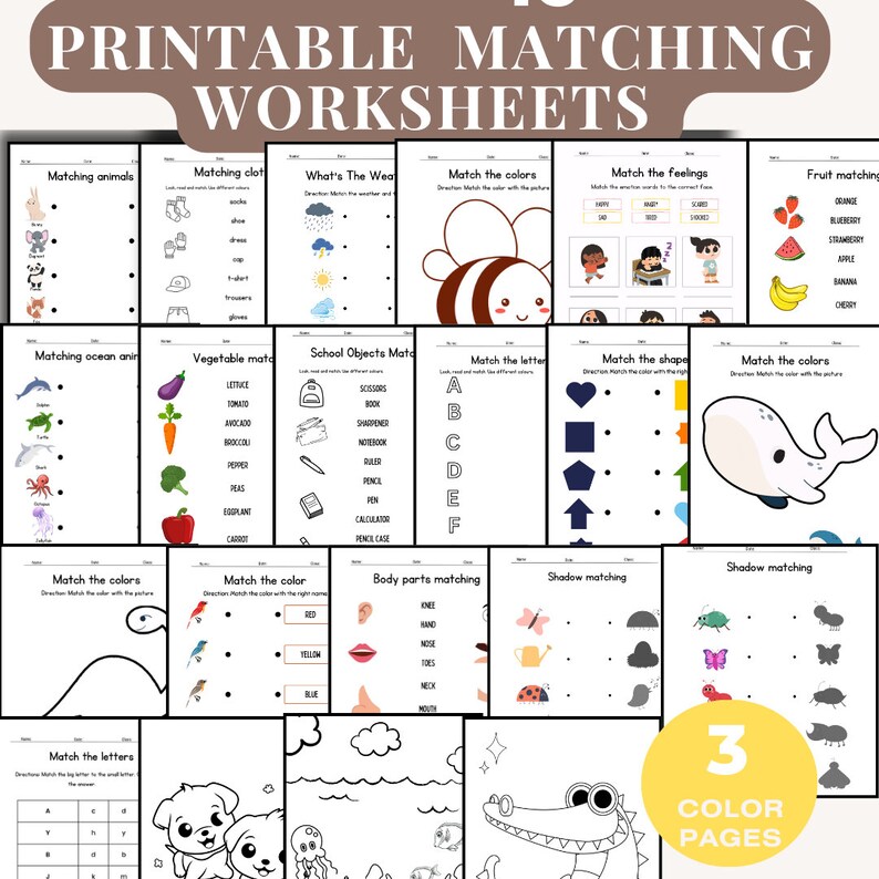 Printable Matching Worksheets, Kindergarten Preschool Activity, Match ...