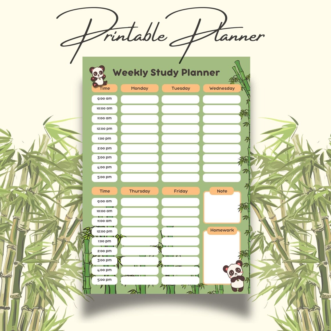 Cute Panda Printable Planner With Bamboo, Kawaii Weekly Study Planner ...