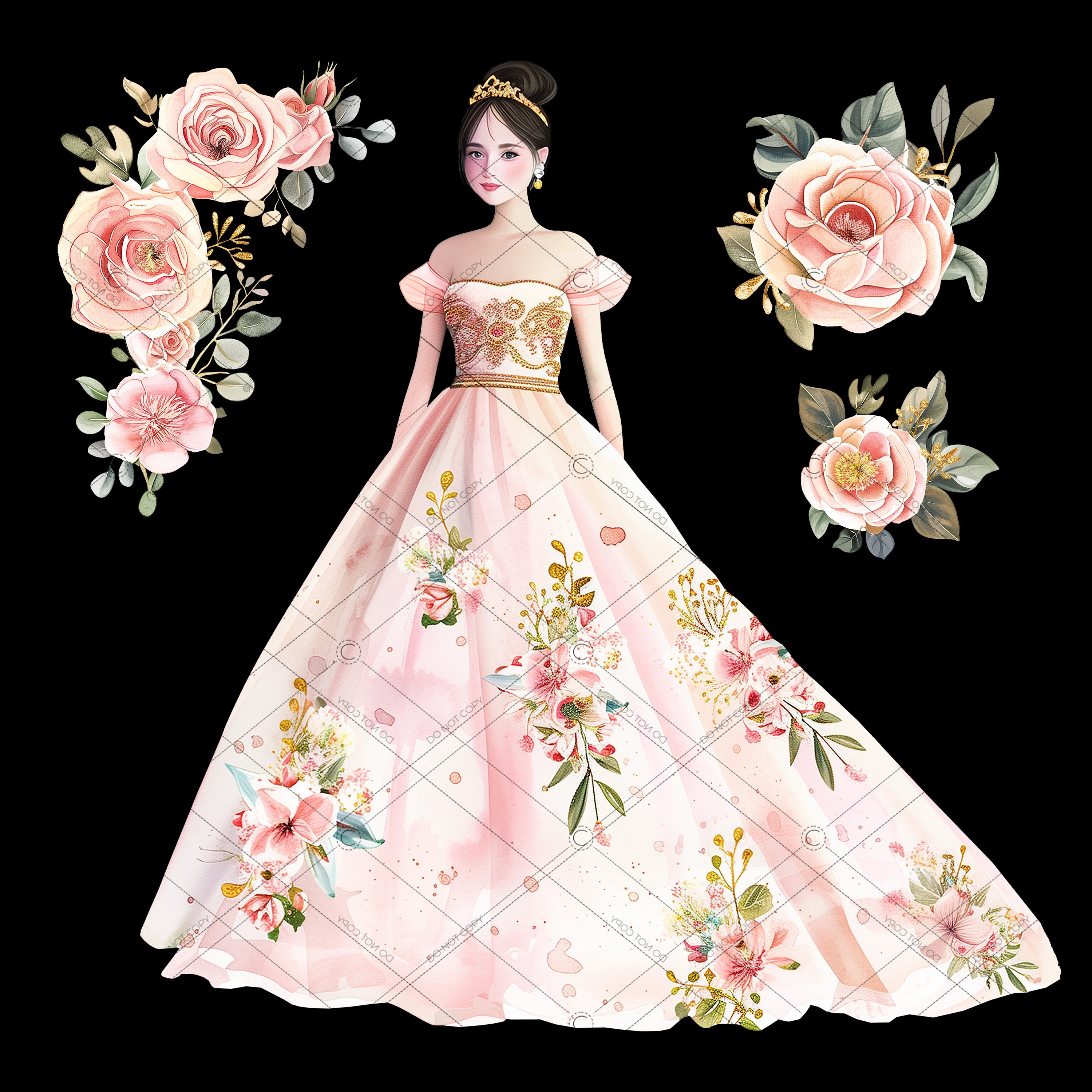 Pink Rose Princess Clipart Set Gold Glitter Accents Perfect for ...