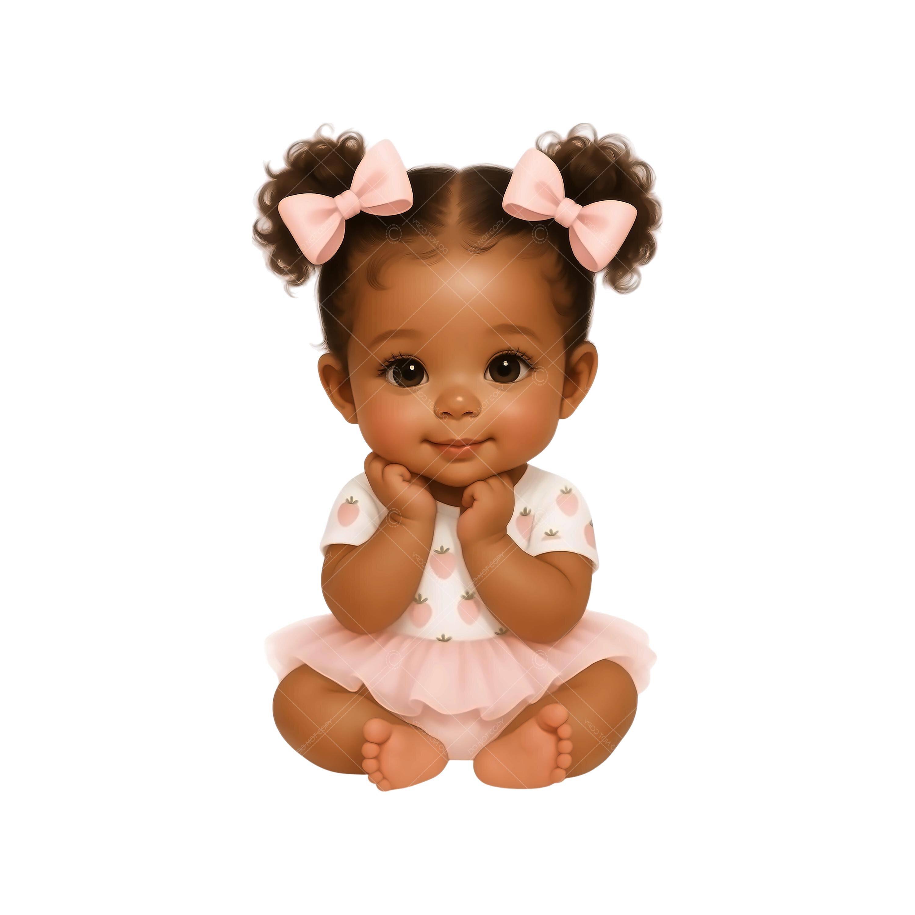 Strawberry Baby Girl Clipart: African American Baby, Pink Bows (digital ...