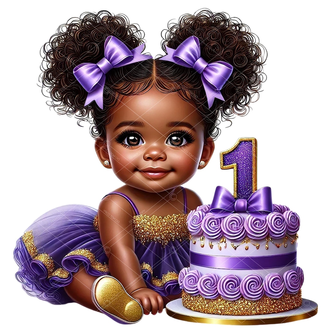 African American Baby Girl First Birthday Clipart: Purple & Gold Cake ...