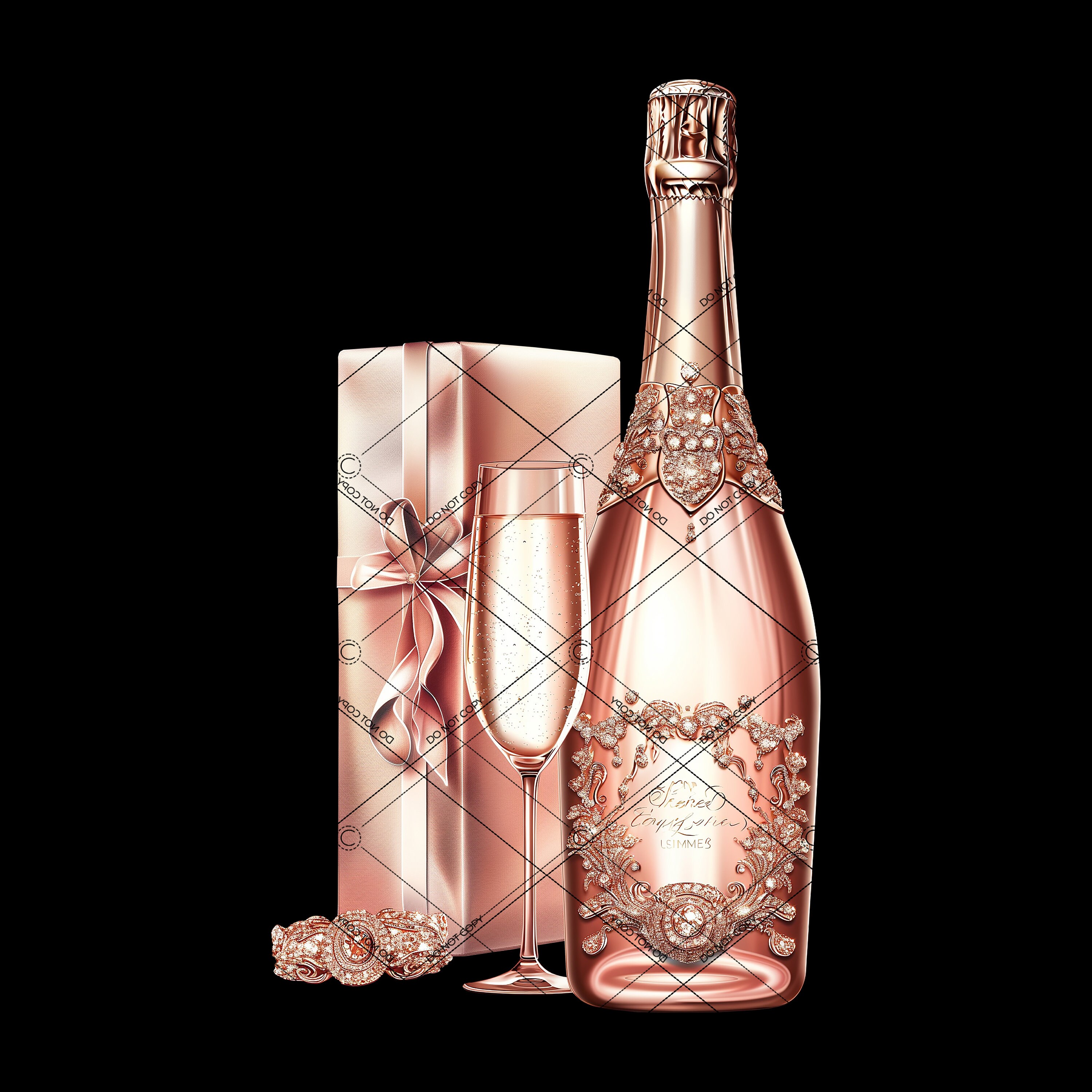 Rose Gold Champagne Clipart: Diamond Jewel Bottle, Glass, Gift (digital ...