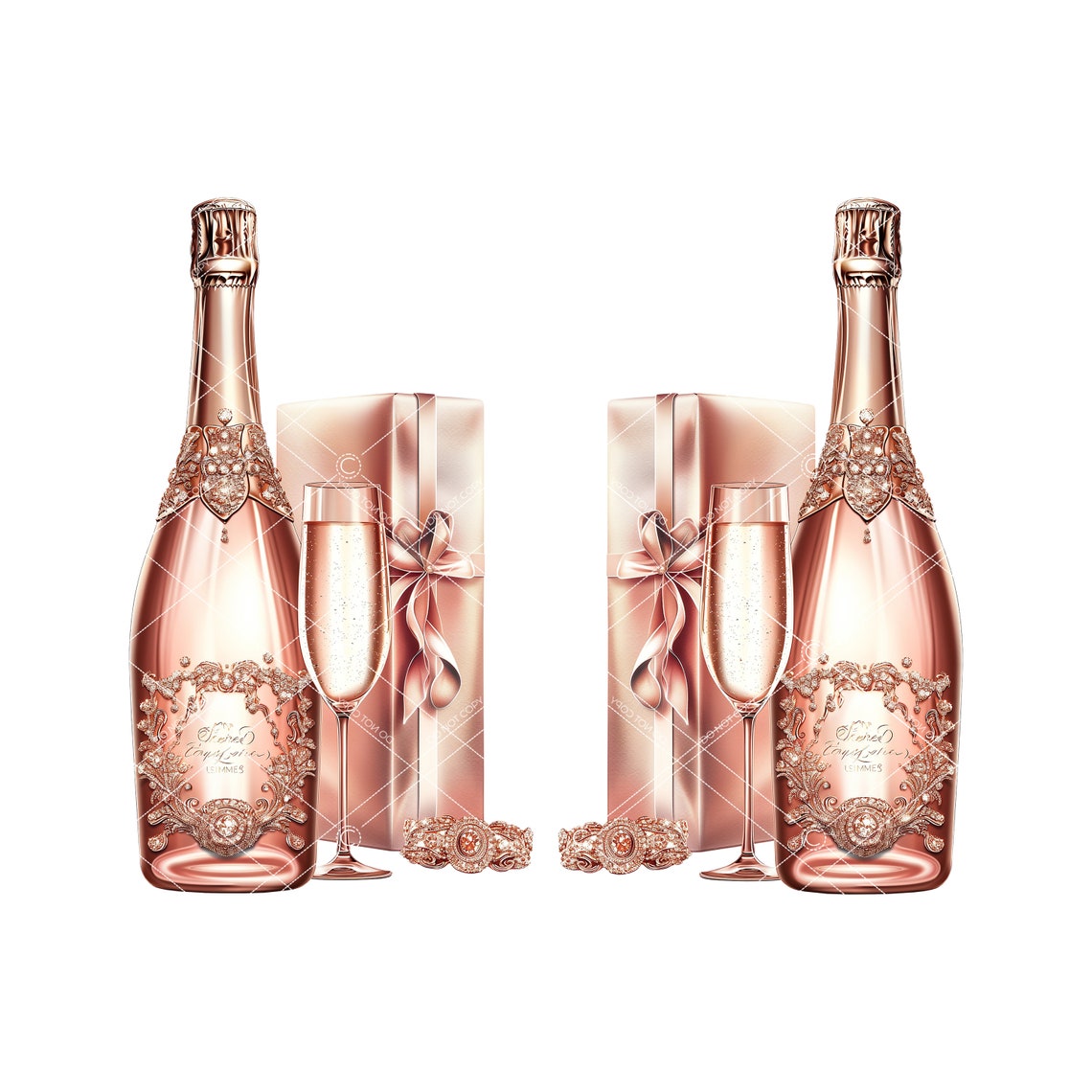 Elegant Rose Gold Champagne Clipart Set Diamond Jewel Encrusted Bottle ...