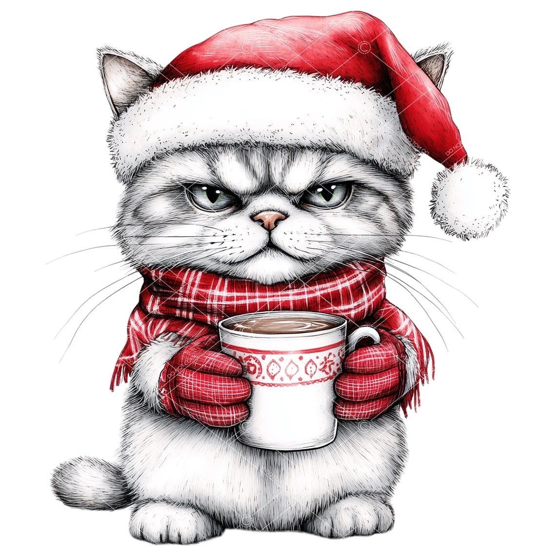 Grumpy Christmas Cat Clipart Set: Santa Hats, Hot Cocoa (PNG, 300 DPI ...