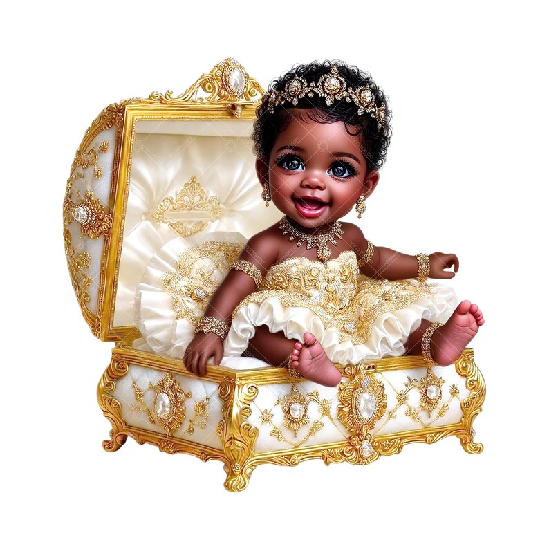 Glam African American Baby Girl Clipart: Gold Princess PNG (digital ...