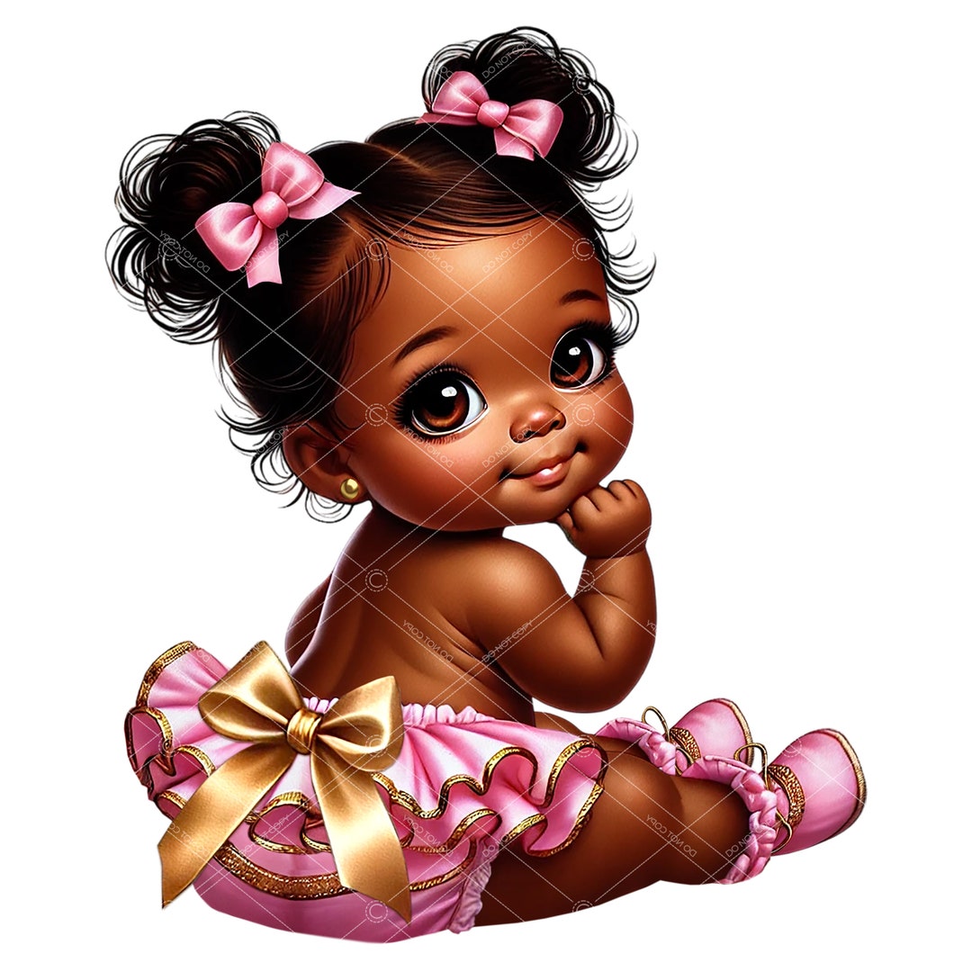 African American Baby Girl Clipart, Pink and Gold Tutu, Digital Art ...