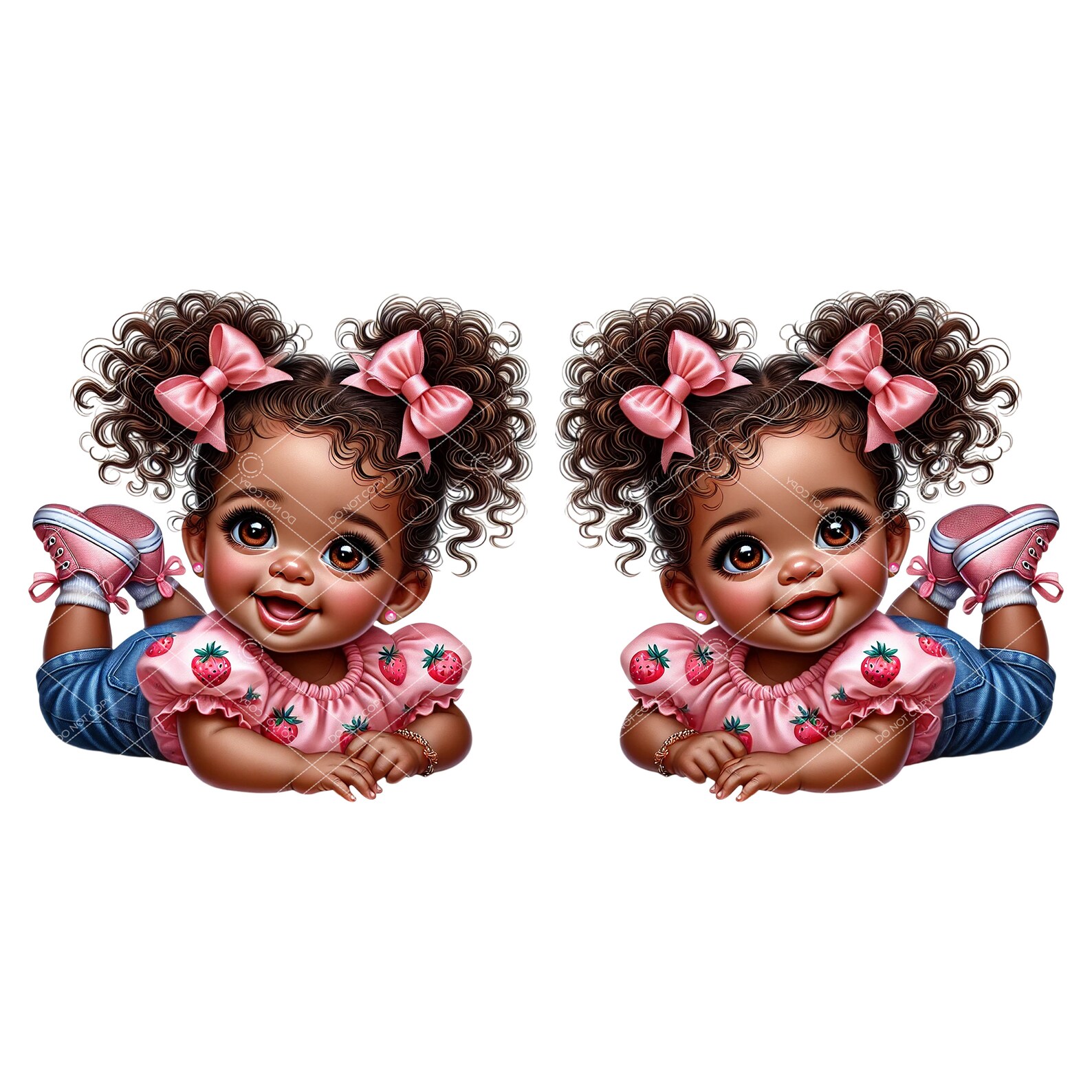 Strawberry Baby Girl Clipart: Afro Puffs, Pink Bows (digital Download ...