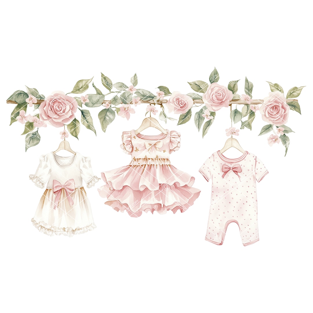 Watercolor Baby Girl Clothesline Clipart: Pink Rose Floral Vine ...
