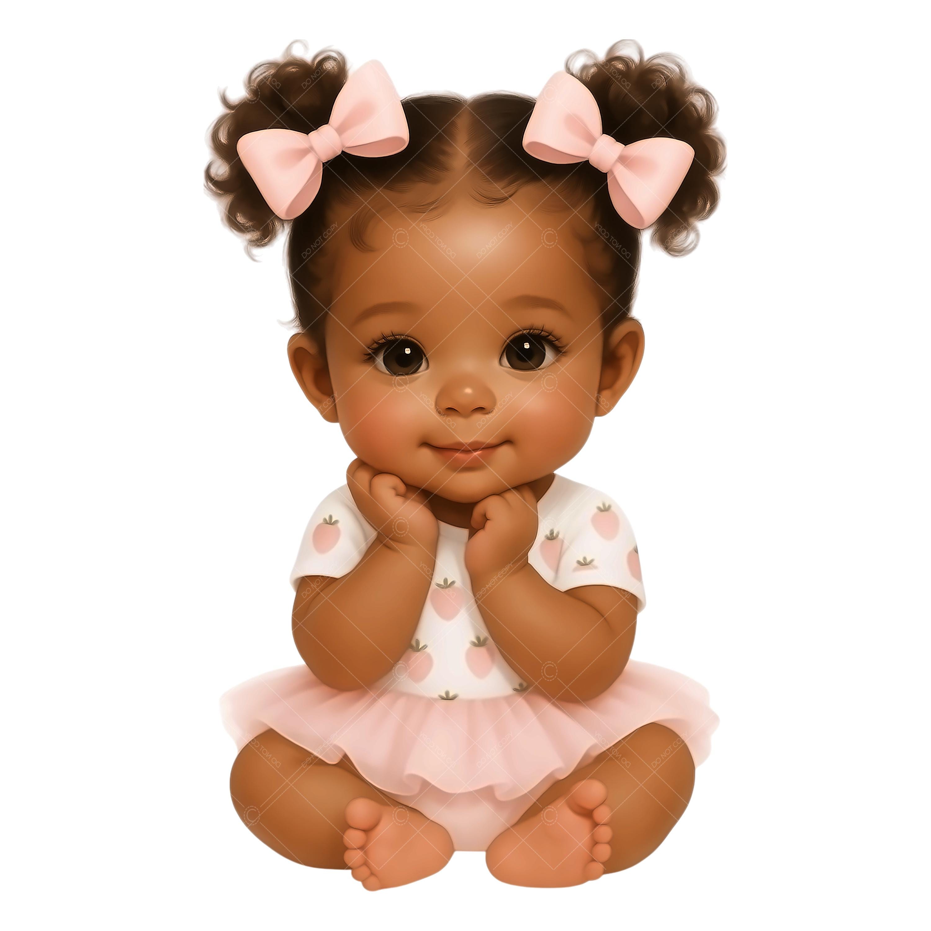 Strawberry Baby Girl Clipart: African American Baby, Pink Bows (digital ...