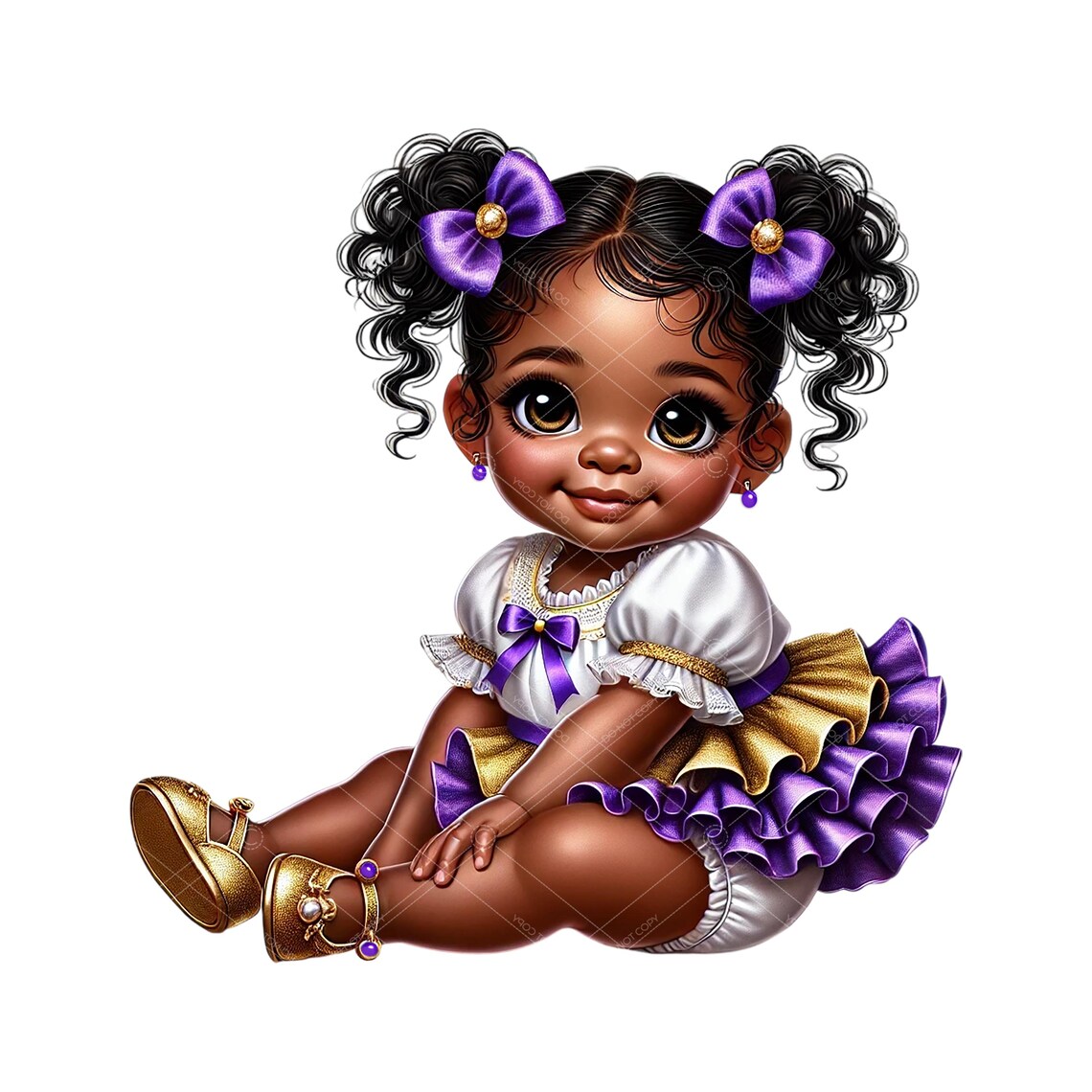 African American Baby Girl Clipart, Purple Tutu, Afro Puffs (digital ...