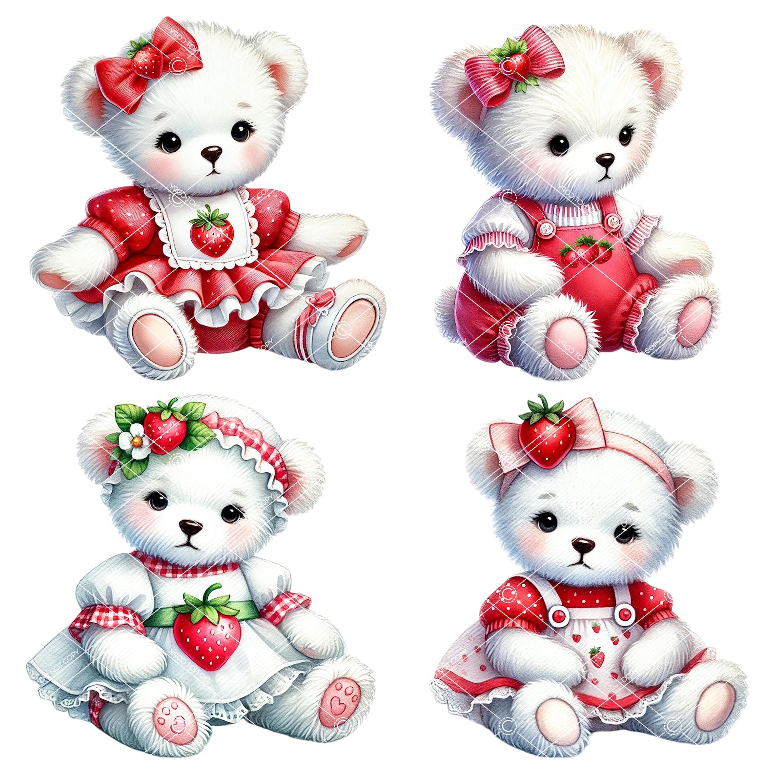 Strawberry Baby Girl Bear Clipart Set 4 Pack Strawberry Baby Shower ...