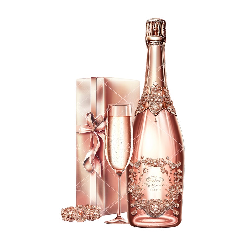 Rose Gold Champagne Clipart: Diamond Jewel Bottle, Glass, Gift (digital ...