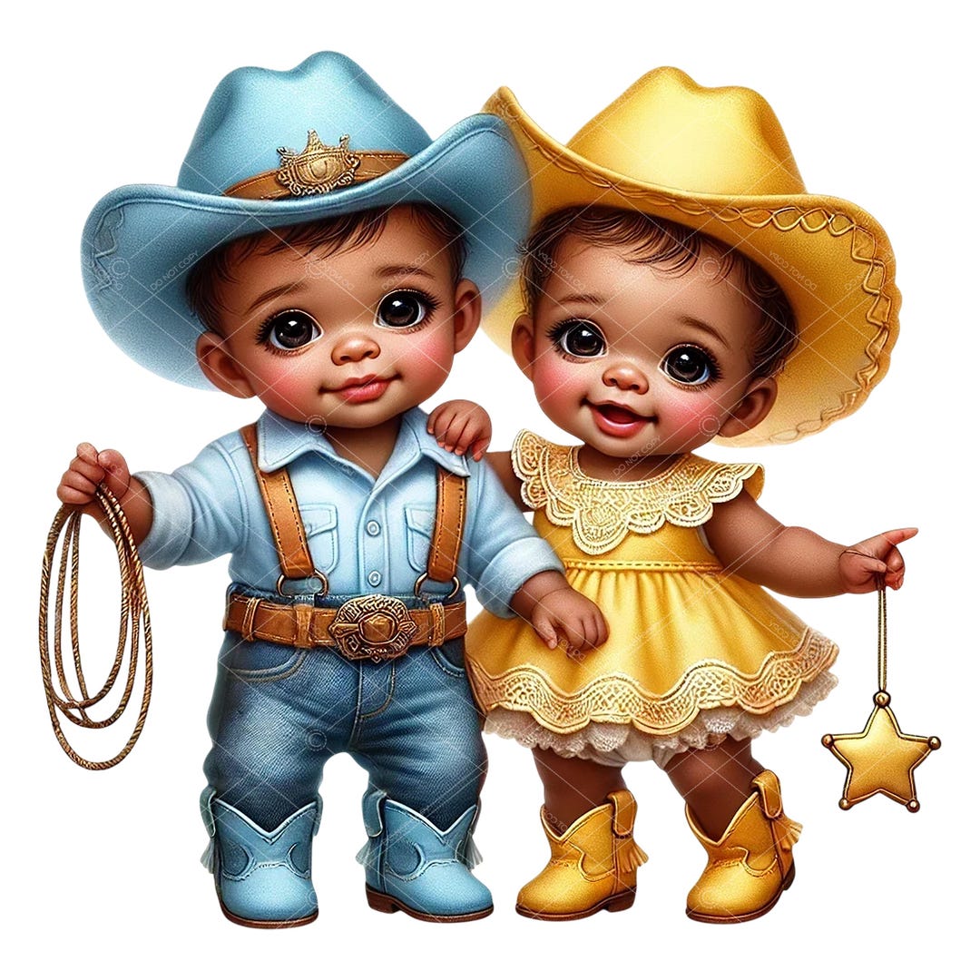 African American Baby Cowboy & Cowgirl Clipart: Gender Reveal (digital ...