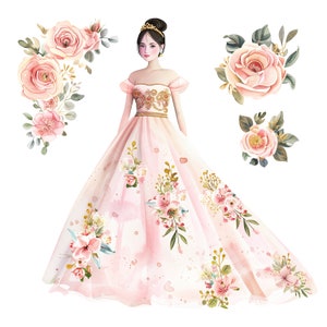 Pink Rose Princess Clipart Set: Gold Glitter Accents (PNG Digital ...