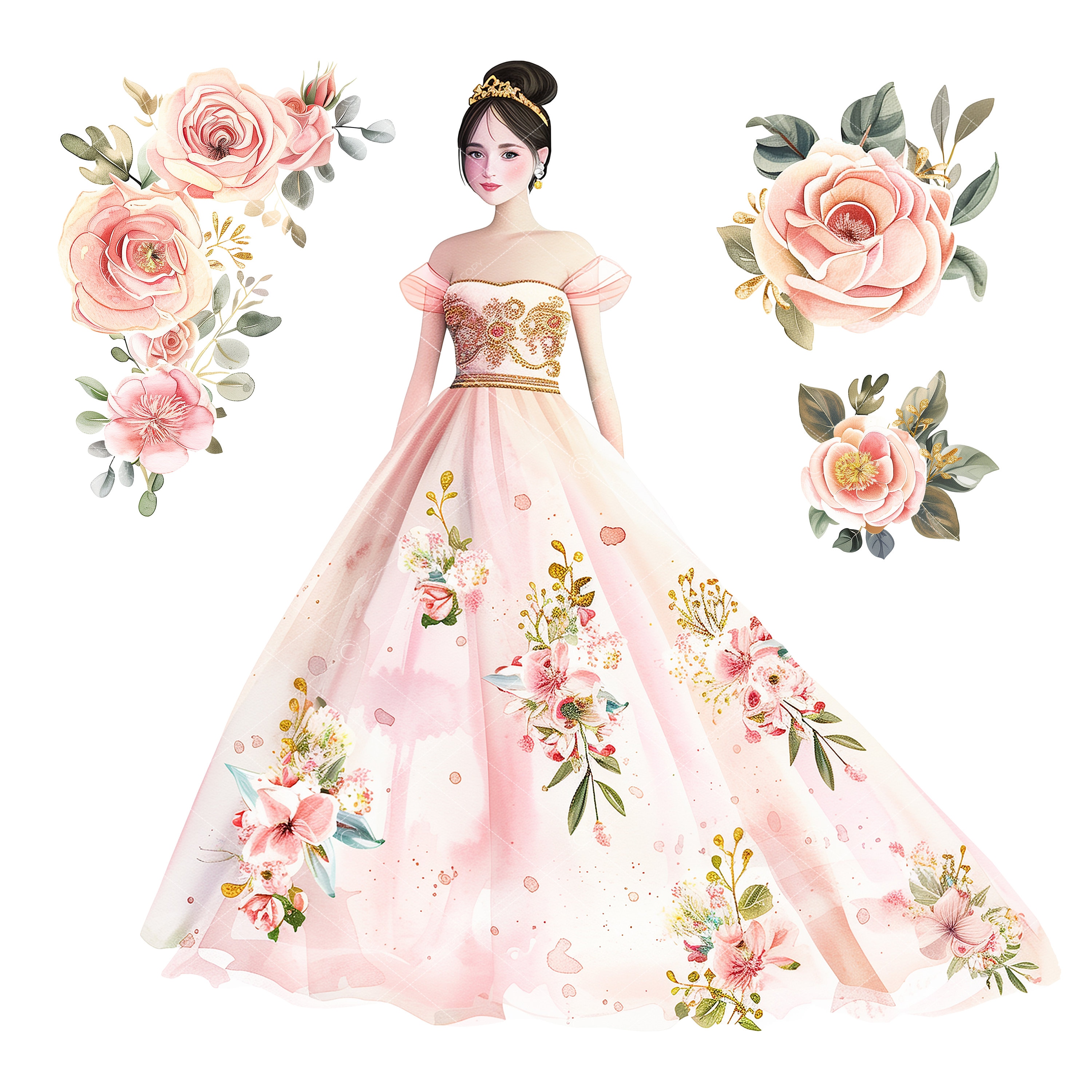 Pink Rose Princess Clipart Set Gold Glitter Accents Perfect for ...