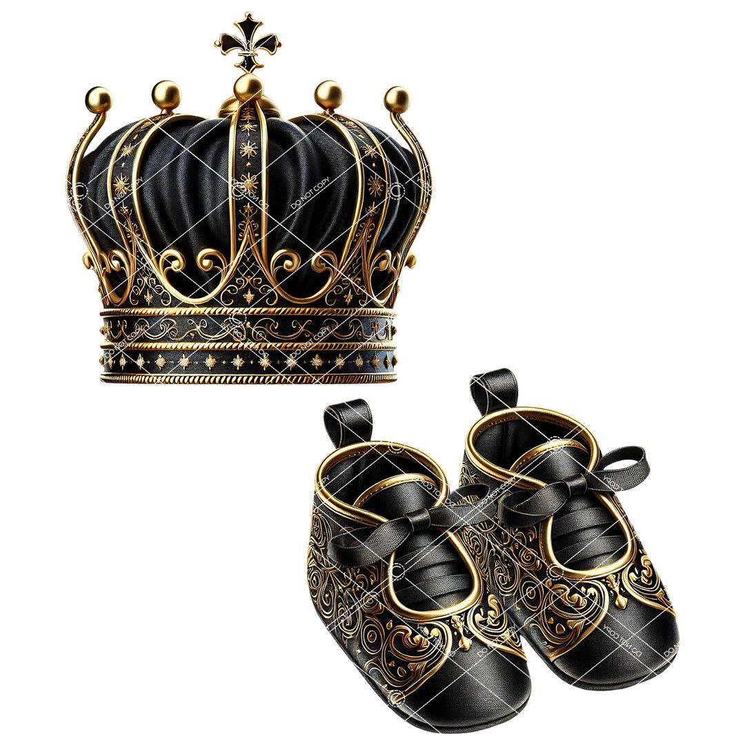Black and Gold Prince Clipart: Crown & Baby Shoes (PNG Digital Download ...