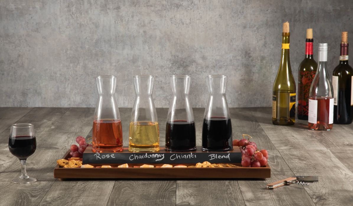 Acacia Wood Wine Tasting Kit With Glass Carafes