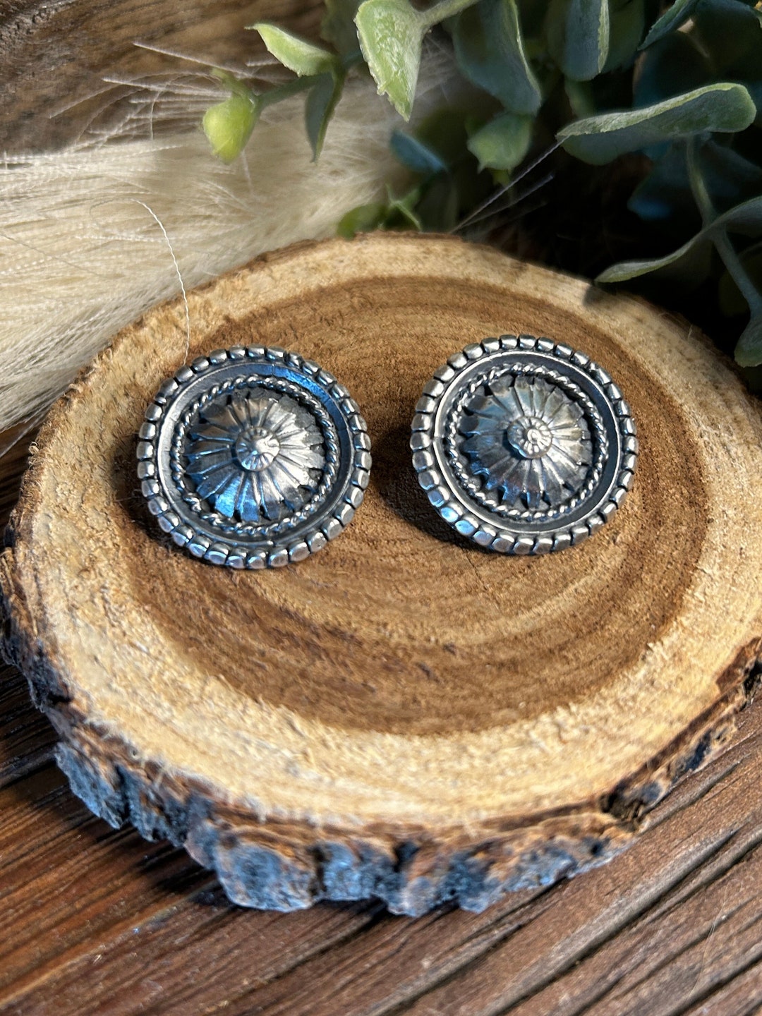 Native American Navajo Sterling Silver Hand Stamped Concho Design Post ...