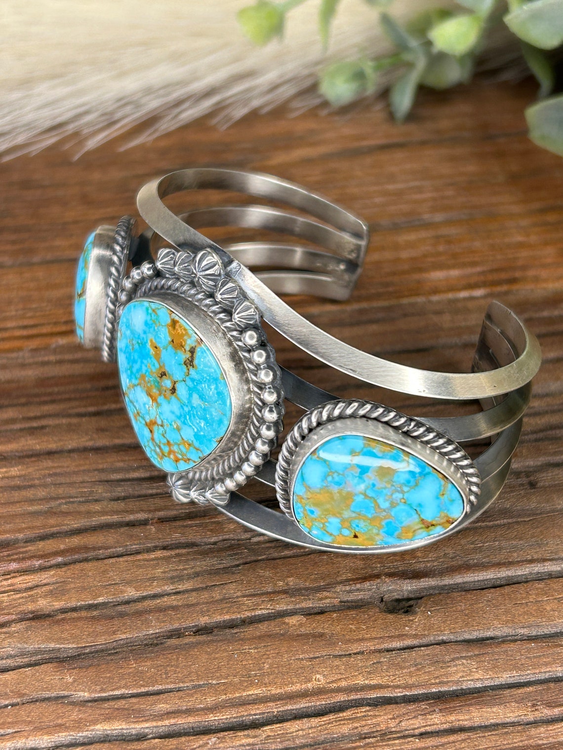 Native American Navajo Sterling Silver Kingman Turquoise Bracelet Cuff ...