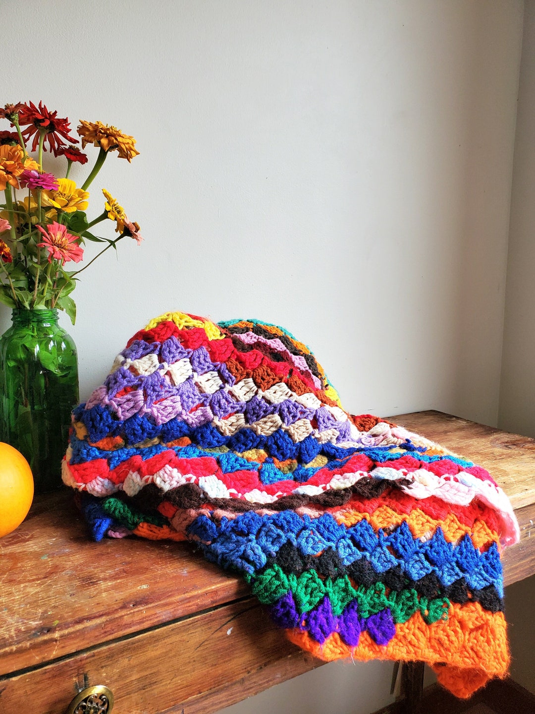 Rare & Unique Vintage Afghan Crocheted 1970's Crazy Colors Throw Scraps ...